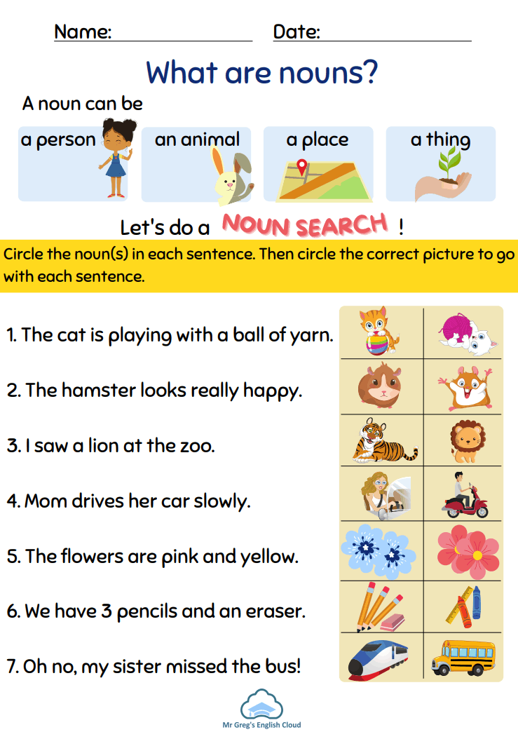 Kindergarten Nouns Worksheets - Mr. Greg