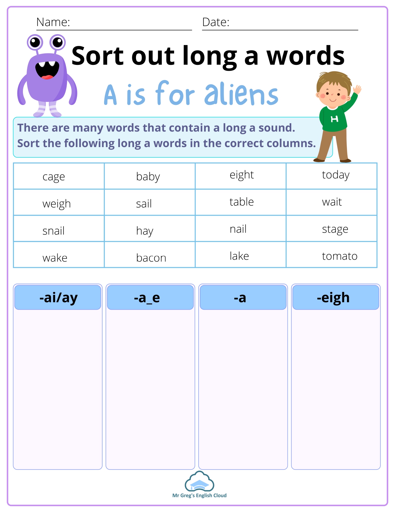 Kindergarten Long Vowel A Worksheets - Mr. Greg